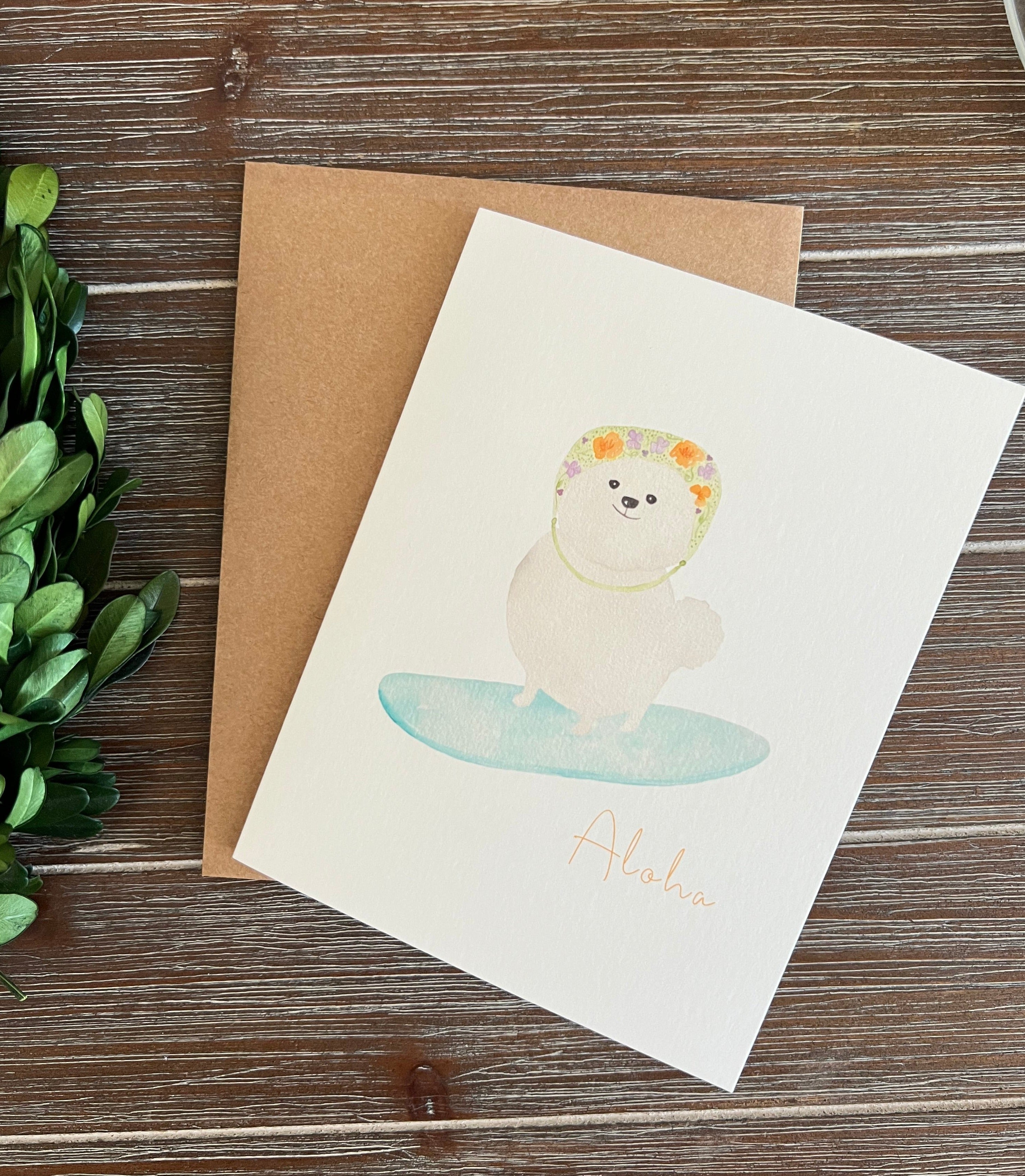 Aloha surf dog card, blank inside | Jennifer Vaudo Art